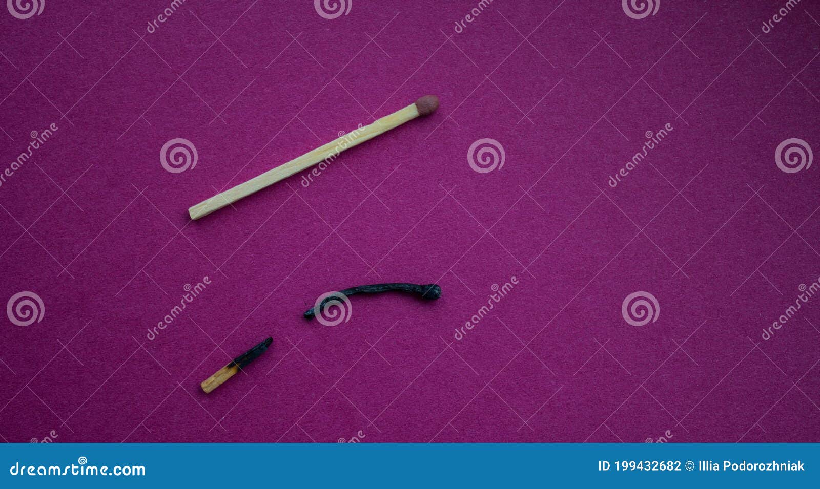 Burnt Match Broken in Half and Whole Match on Purple Background Stock ...