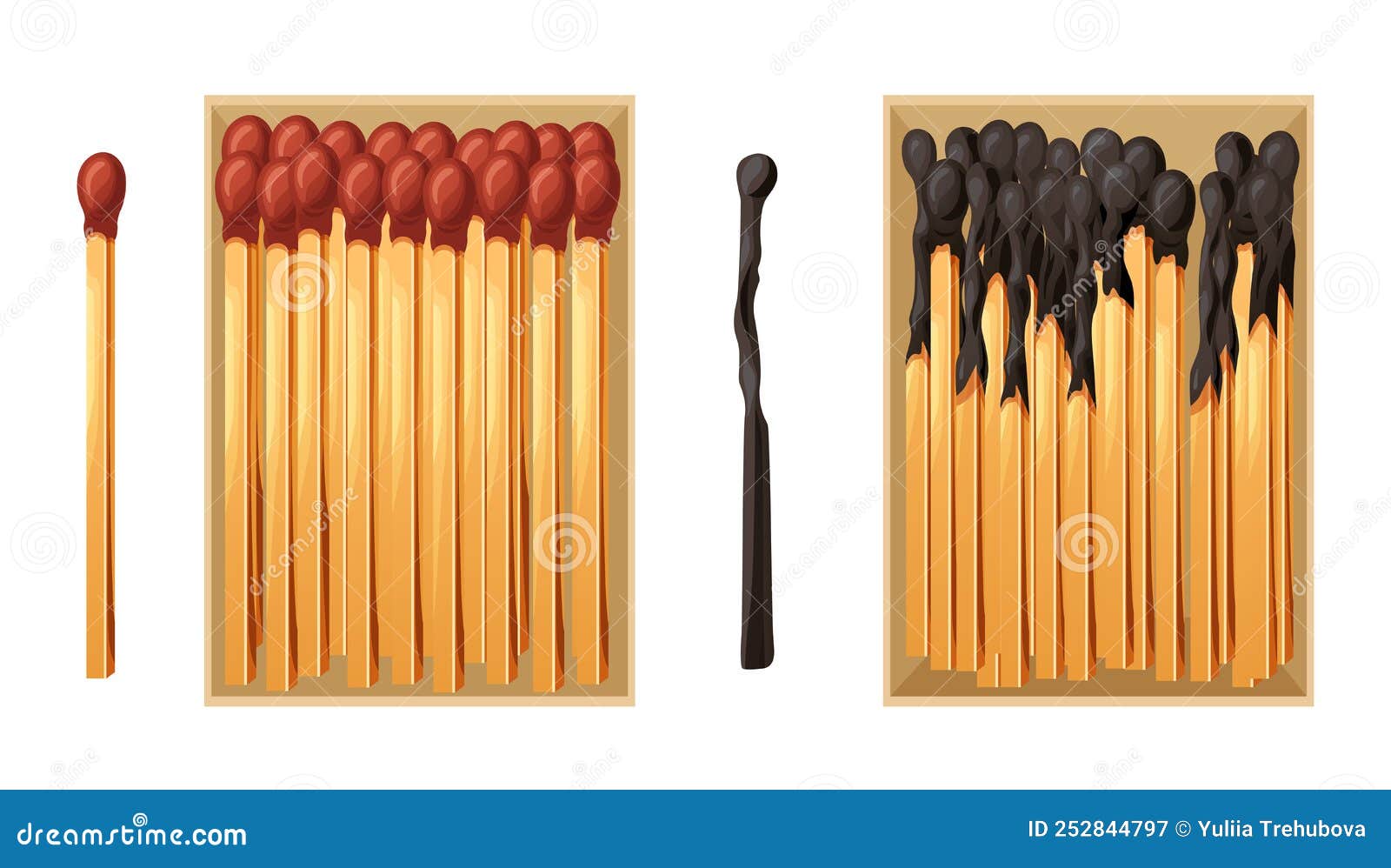 Burnt Match Stick With Fire And Matchbox. Set Of Boxes, Opened And ...