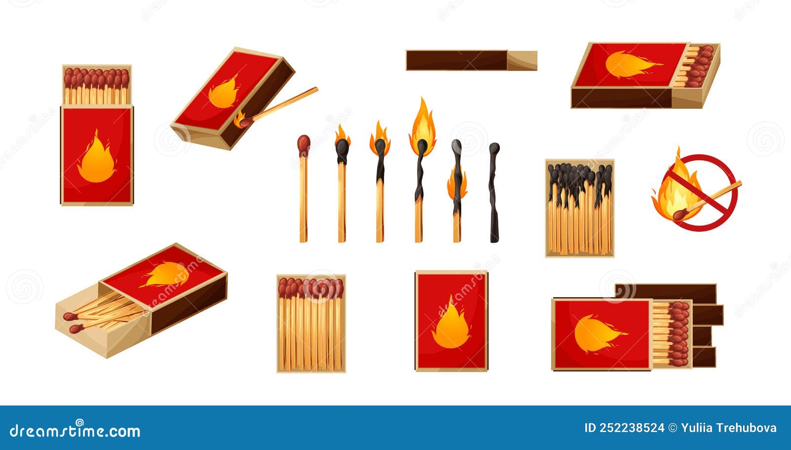 Burnt Match Stick with Fire and Matchbox. Set of Boxes, Opened and ...