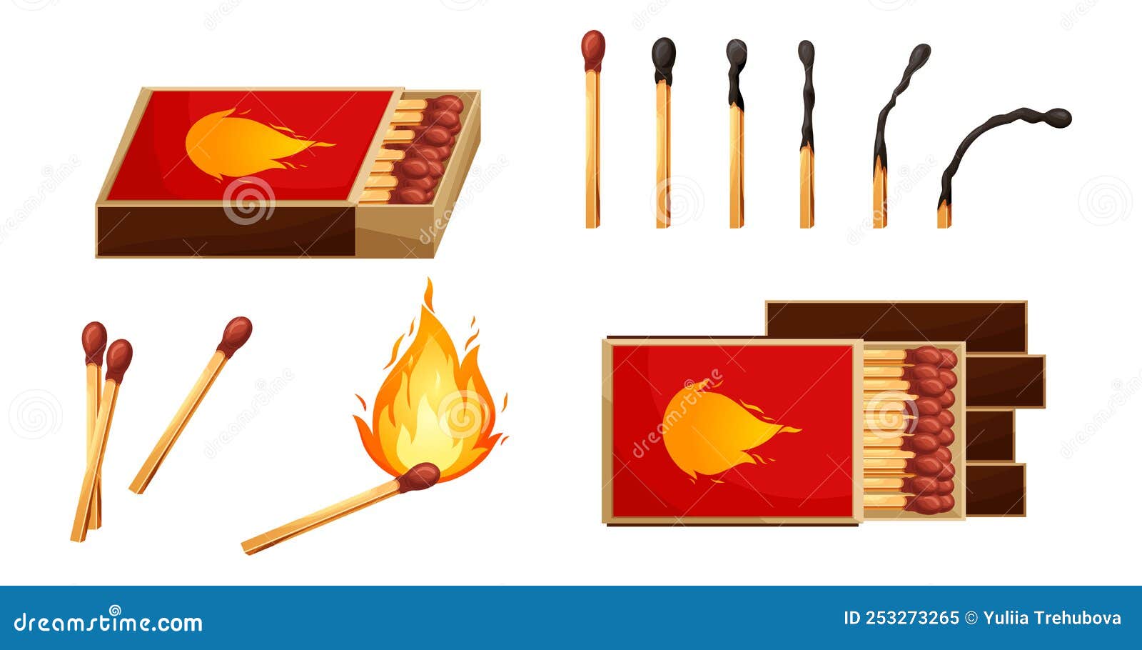 Burnt Match Stick with Fire and Matchbox. Set of Boxes, Opened and ...