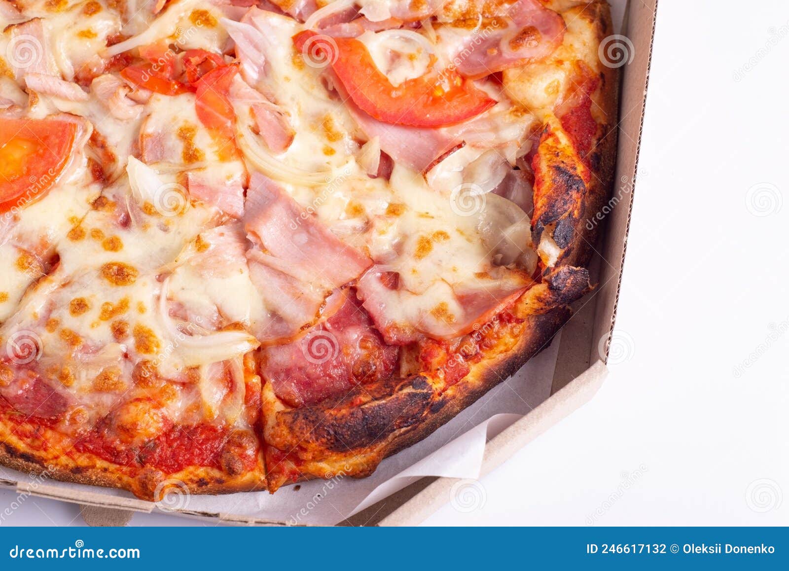 Burnt Meat Pizza in a Box on a White Background Stock Photo - Image of ...