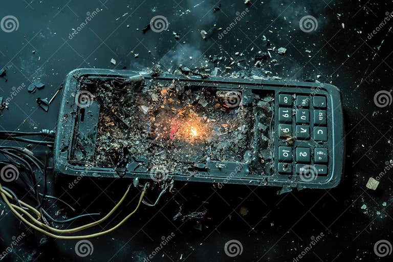 Burnt Mobile Phone Exploding on Black Surface with Smoke and Sparks ...