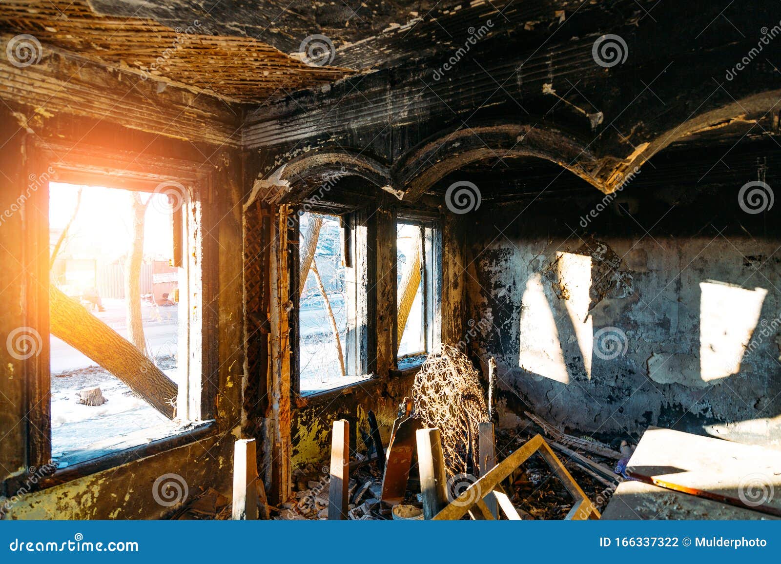 Burnt Old Rural House Interior. Consequences of Fire Stock Photo ...