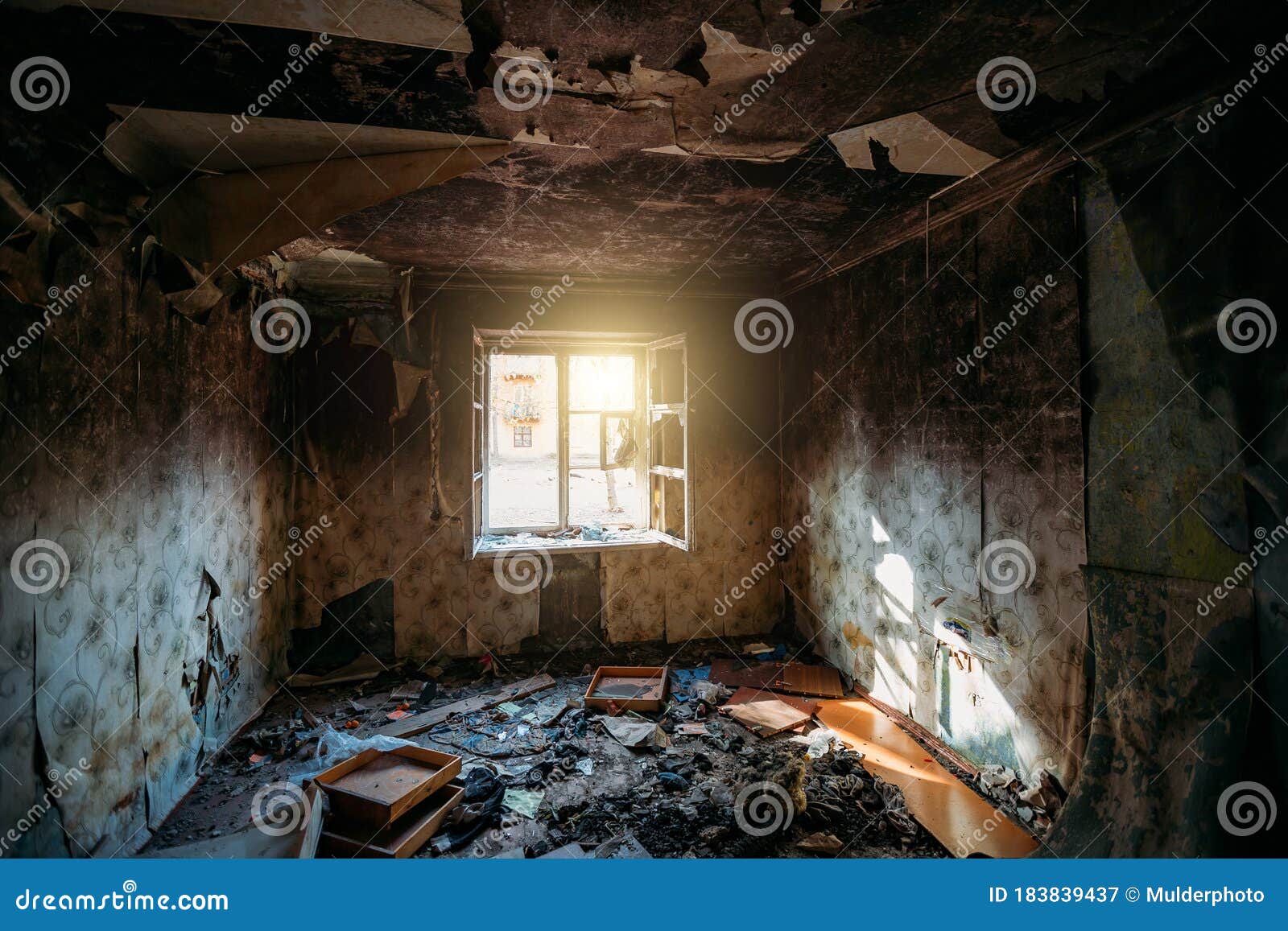 Burnt Old House Interior. Consequences of Fire Stock Image - Image of ...