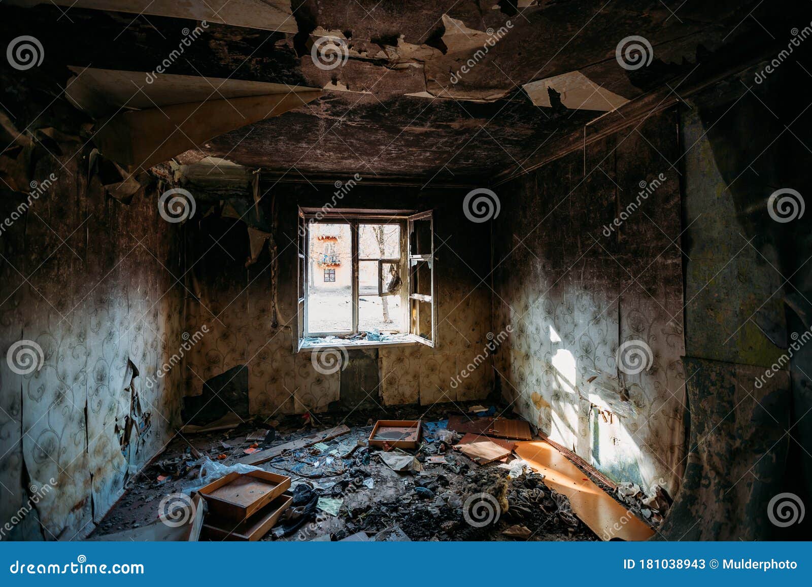 Burnt and Collapsed Old House Interior. Consequences of Fire Stock ...