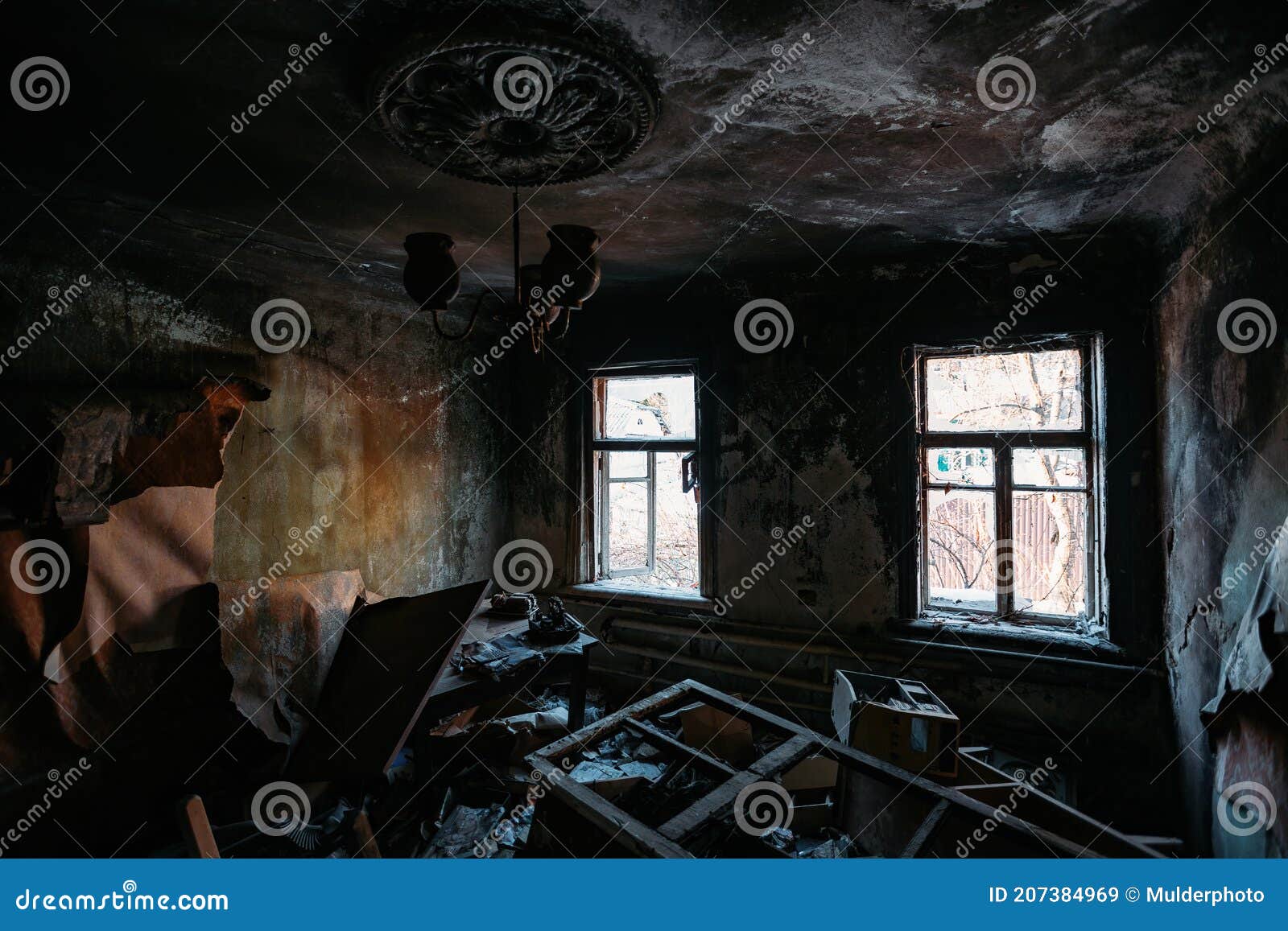 Burnt Old House Interior. Consequences of Fire Stock Image - Image of ...