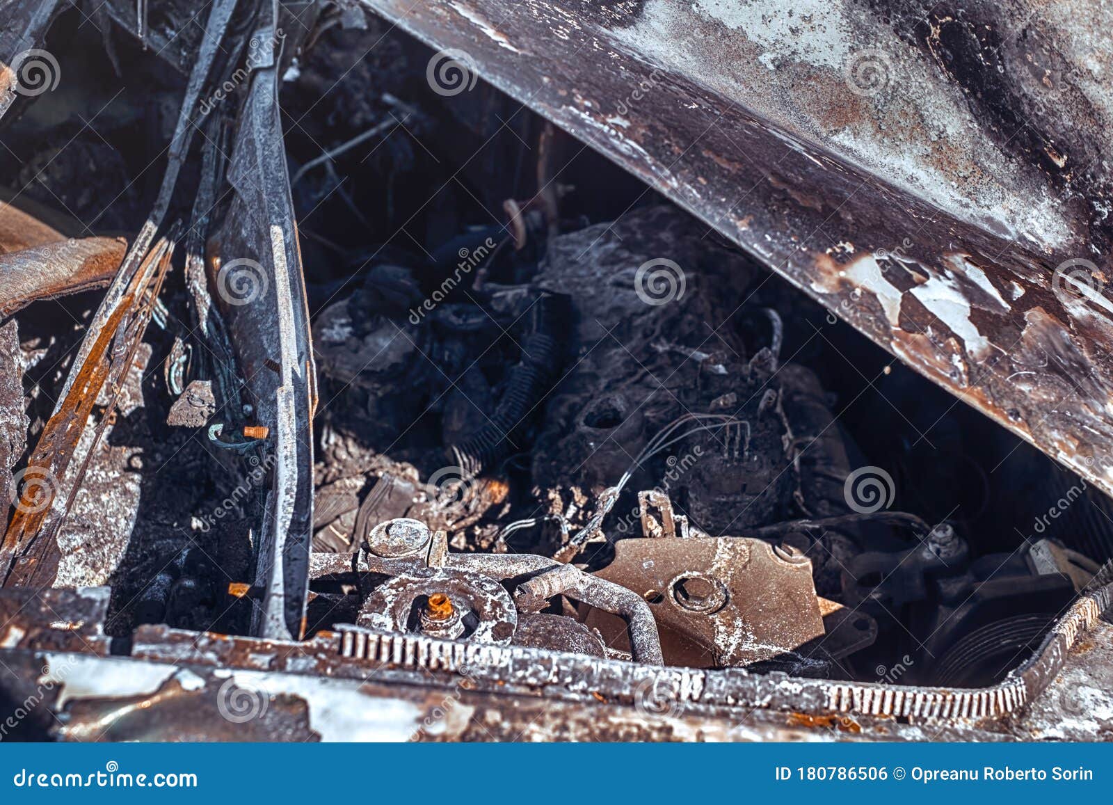 Burnt out car engine stock photo. Image of junkyard - 180786506