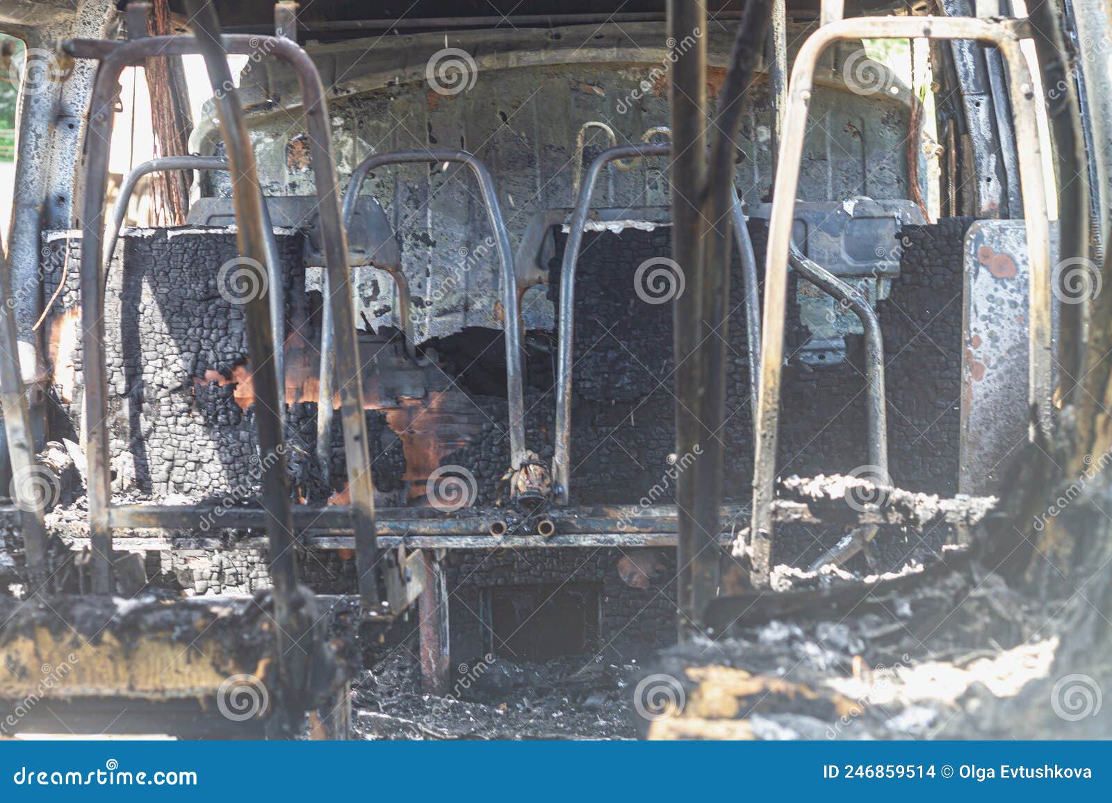 The Burnt-out Interior of the Bus, the Burned Passenger Seats after the ...