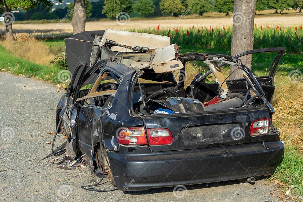 Burnt Out Wrecked Car after Roadside Explosion 01 Stock Photo - Image ...