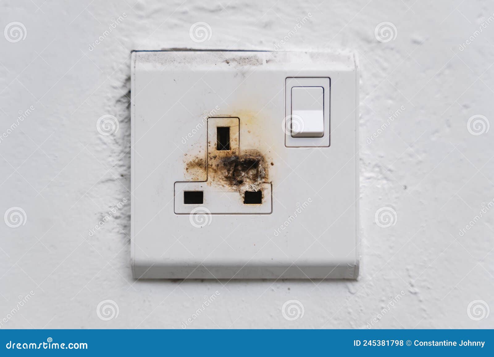 Burnt 3 Pin Wall Socket stock photo. Image of fitting - 245381798