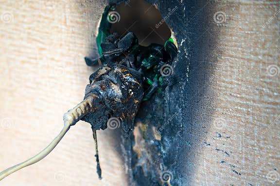Burnt Power Outlet. Melted-off and Burned Plastic Socket of Power ...