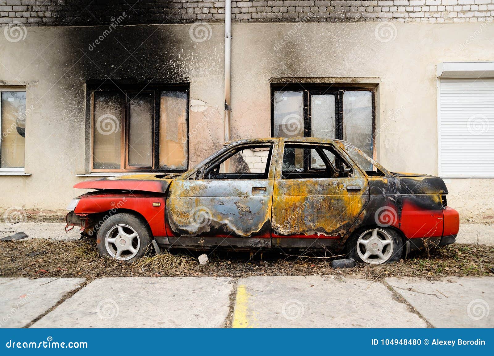 Burnt Red Car after Fire Accident Stock Photo - Image of scrap, iron ...