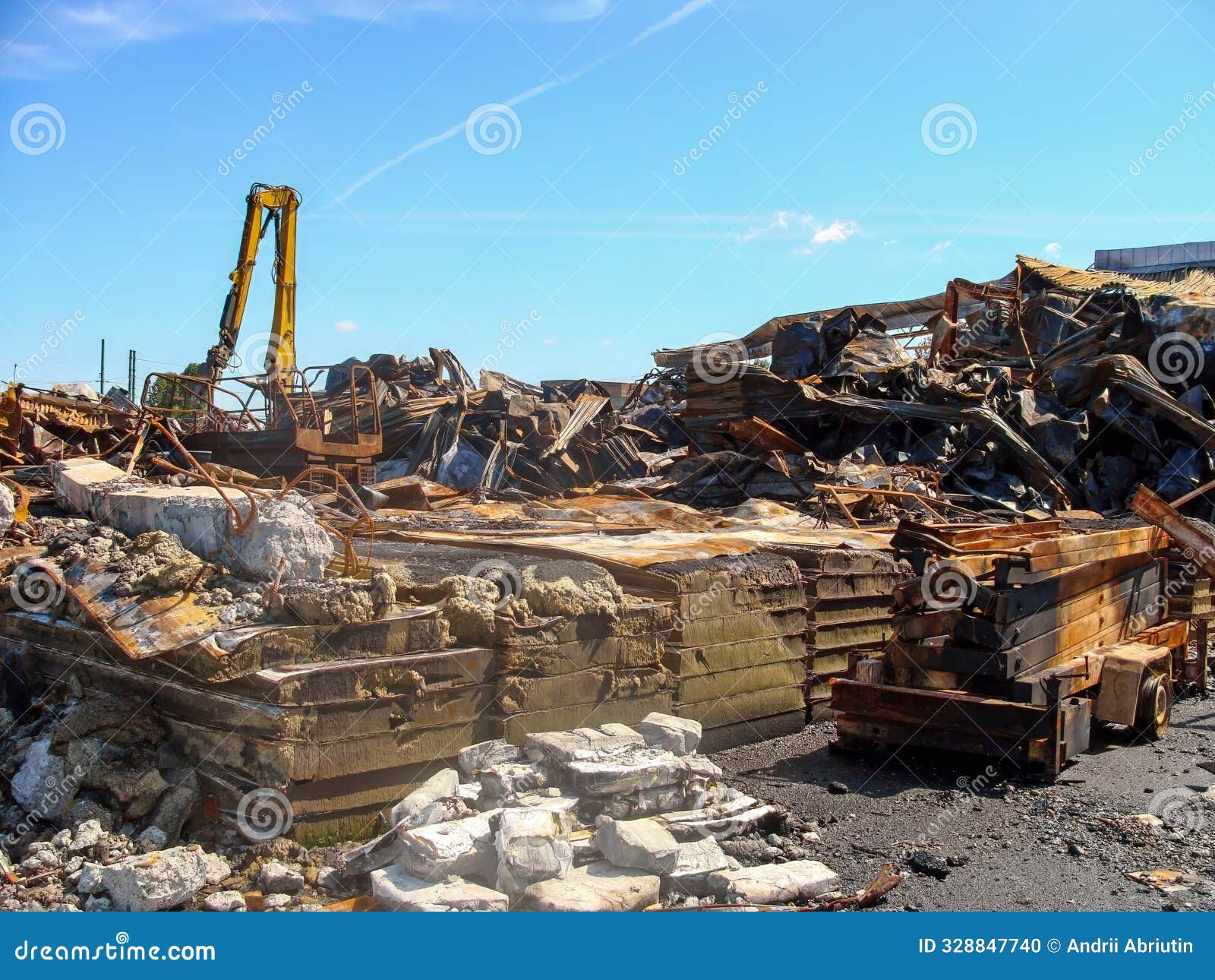 Burnt Remains of an Industrial Site after a Fire, with Debris and ...