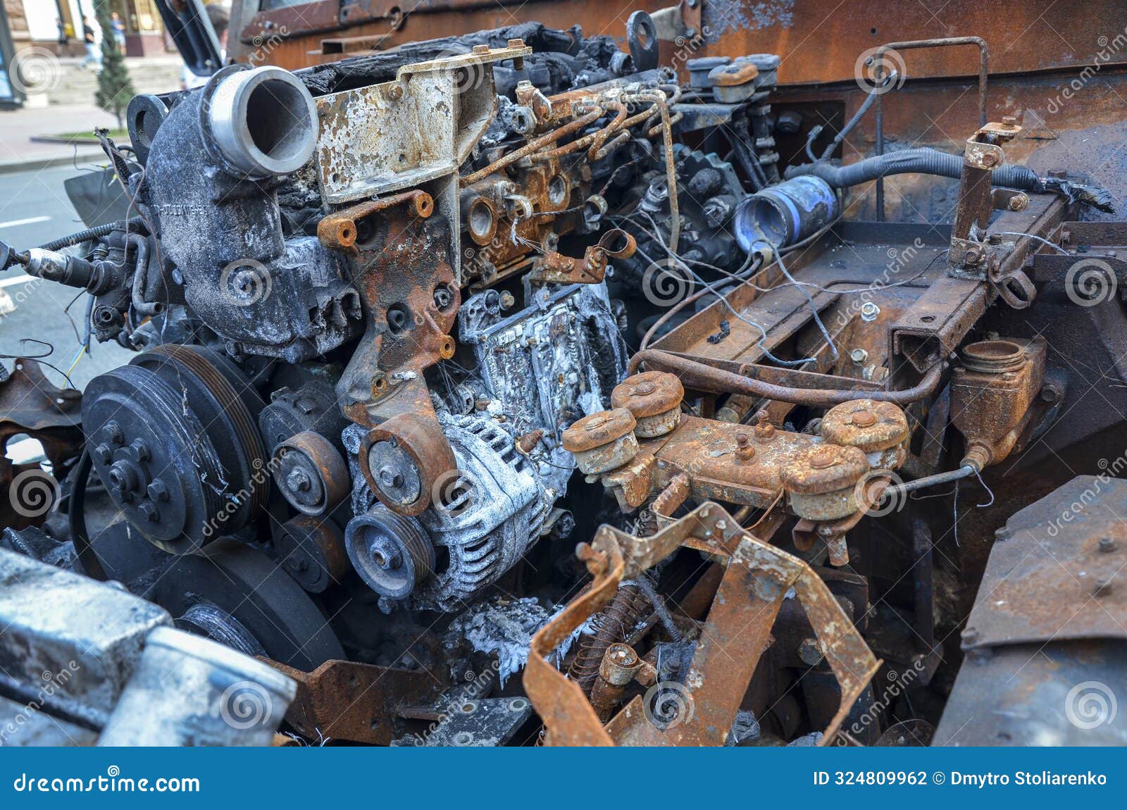 Burnt Rusty Engine in Russian Military Vehicle after Combat Strike ...