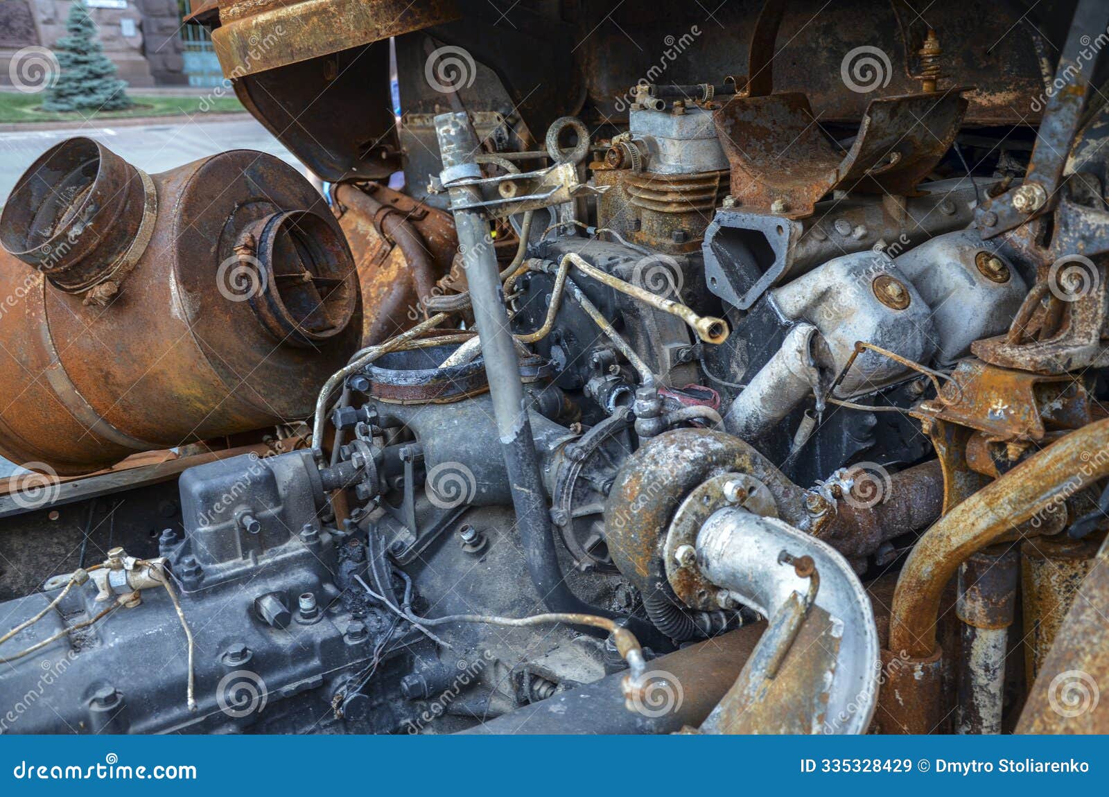 Burnt Rusty Engine in Russian Military Vehicle after Combat Strike ...