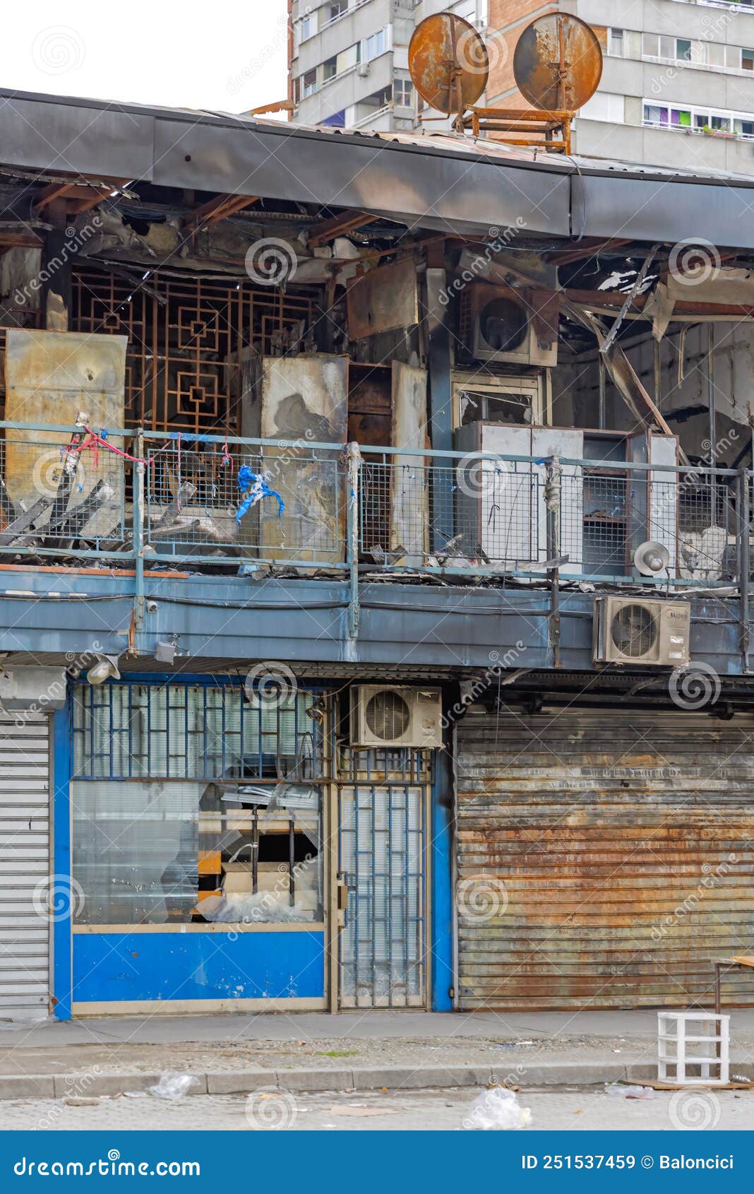 Burnt Shops Aftermath stock image. Image of shop, centre - 251537459