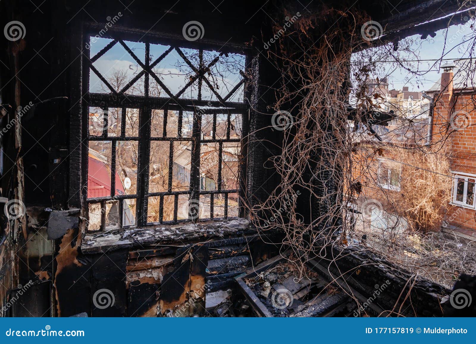 Burnt Wooden House Interior. Consequences of Fire Stock Image - Image ...