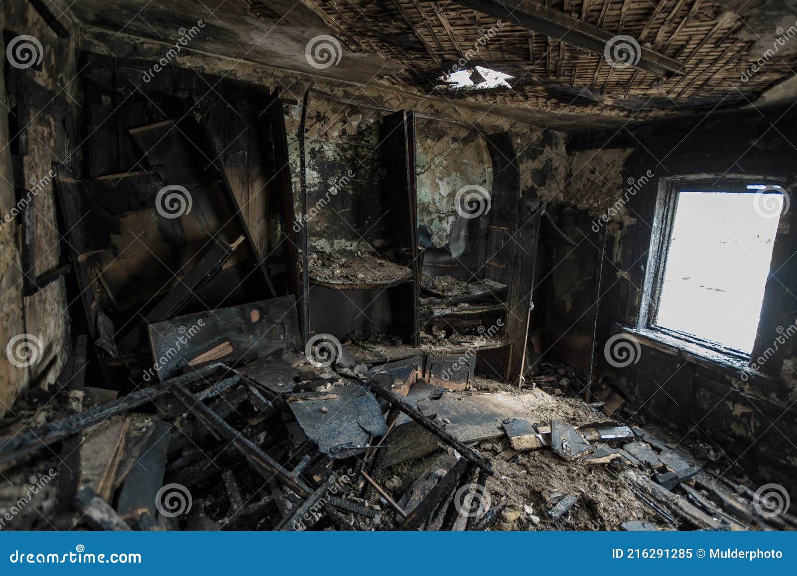 Burnt Wooden House Interior. Consequences of Fire Stock Image - Image ...
