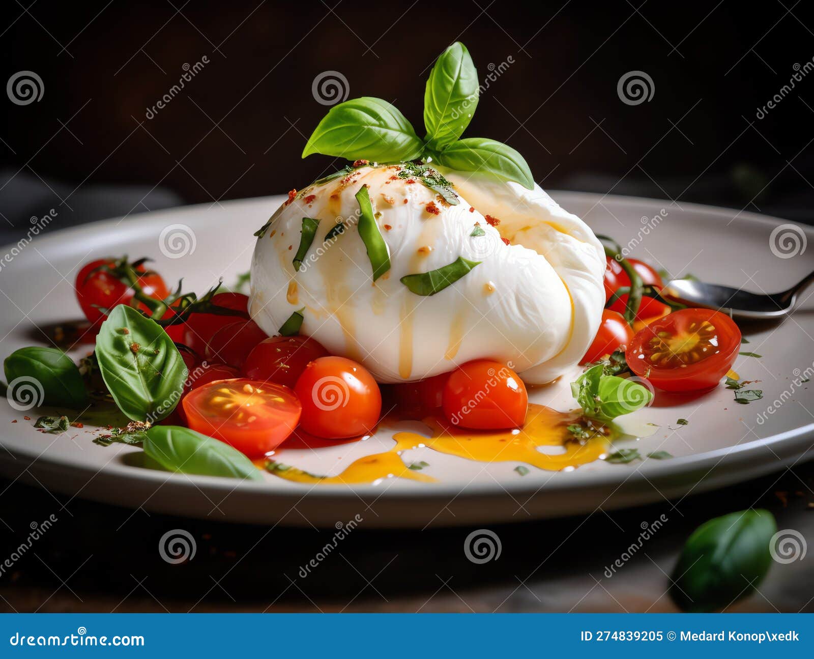 Burrata Cheese with Fresh Basil and Cherry Tomatoes, Selective Focus ...