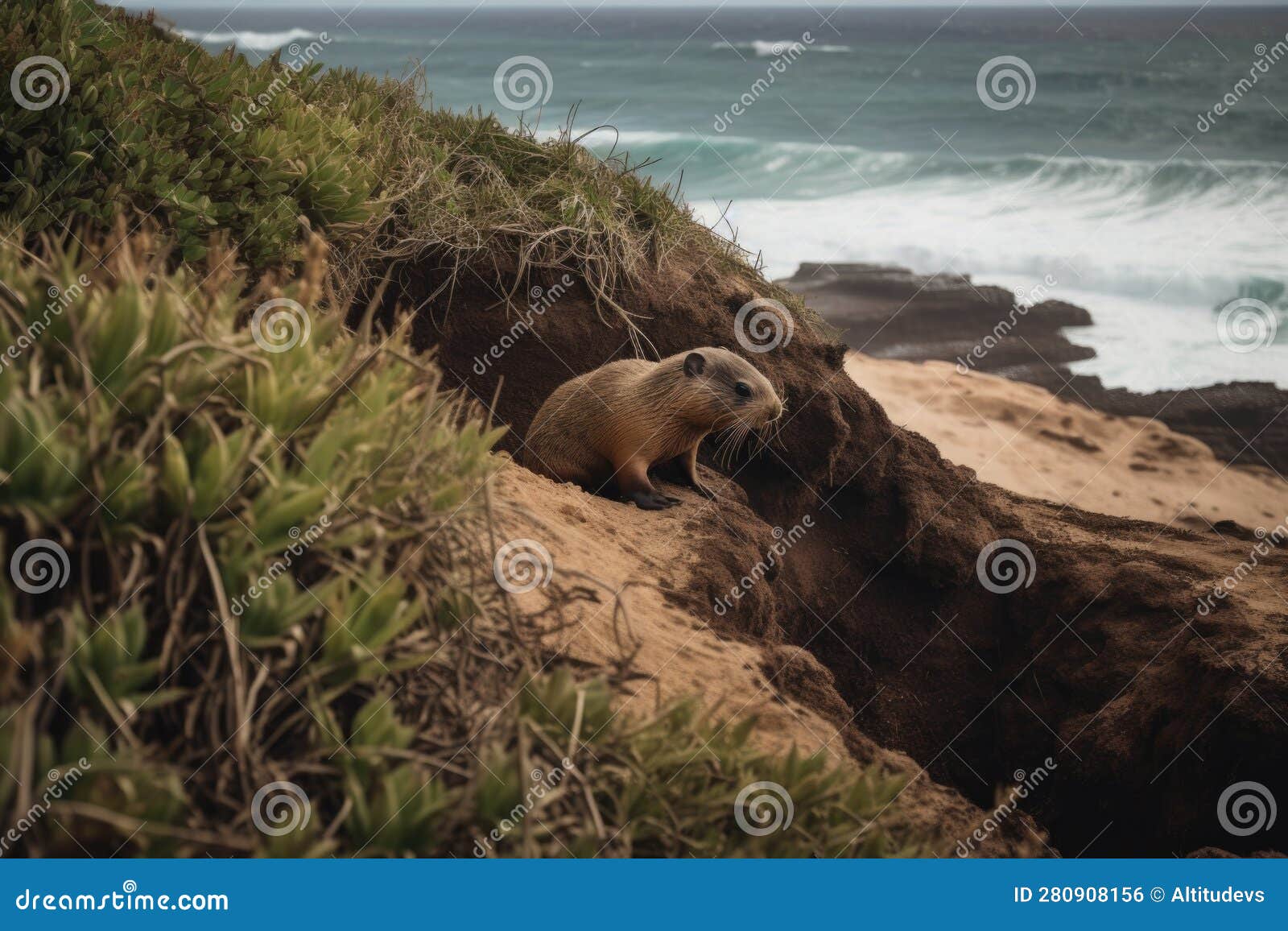 Burrowing Animal Digging in Cliff Face, with View of the Ocean Stock ...