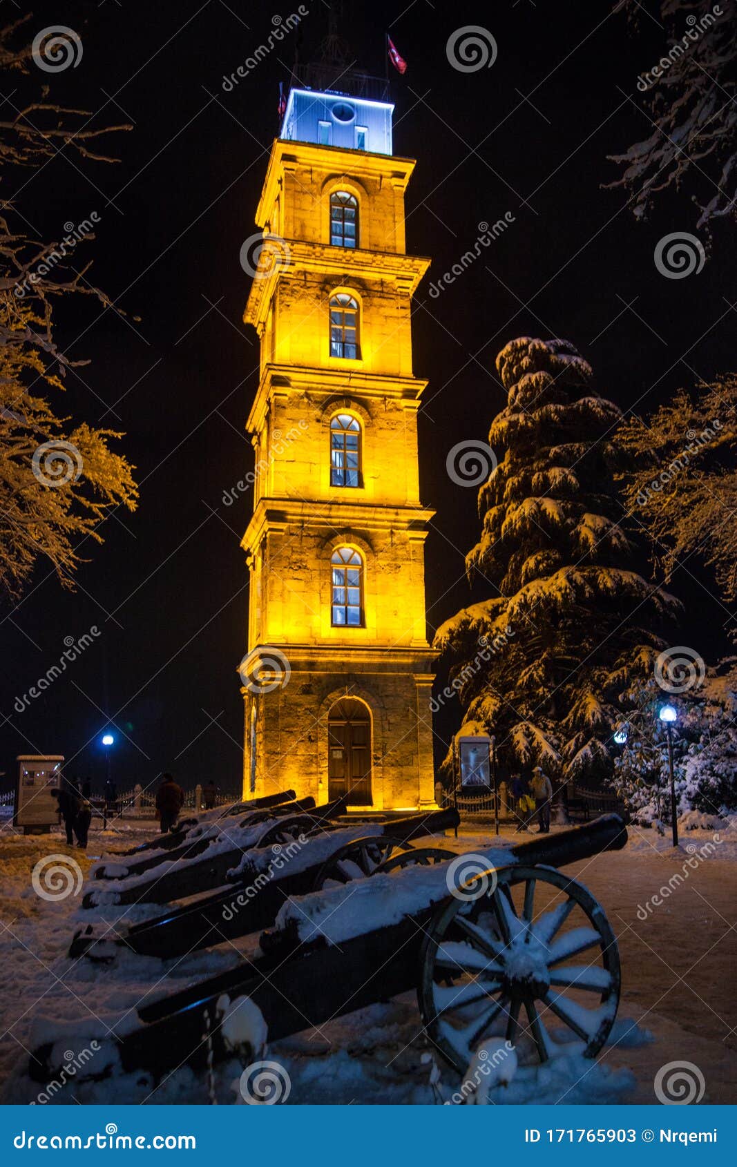 Bursa Clock Tower in the Historic Tophane at Night with Cannons Stock ...