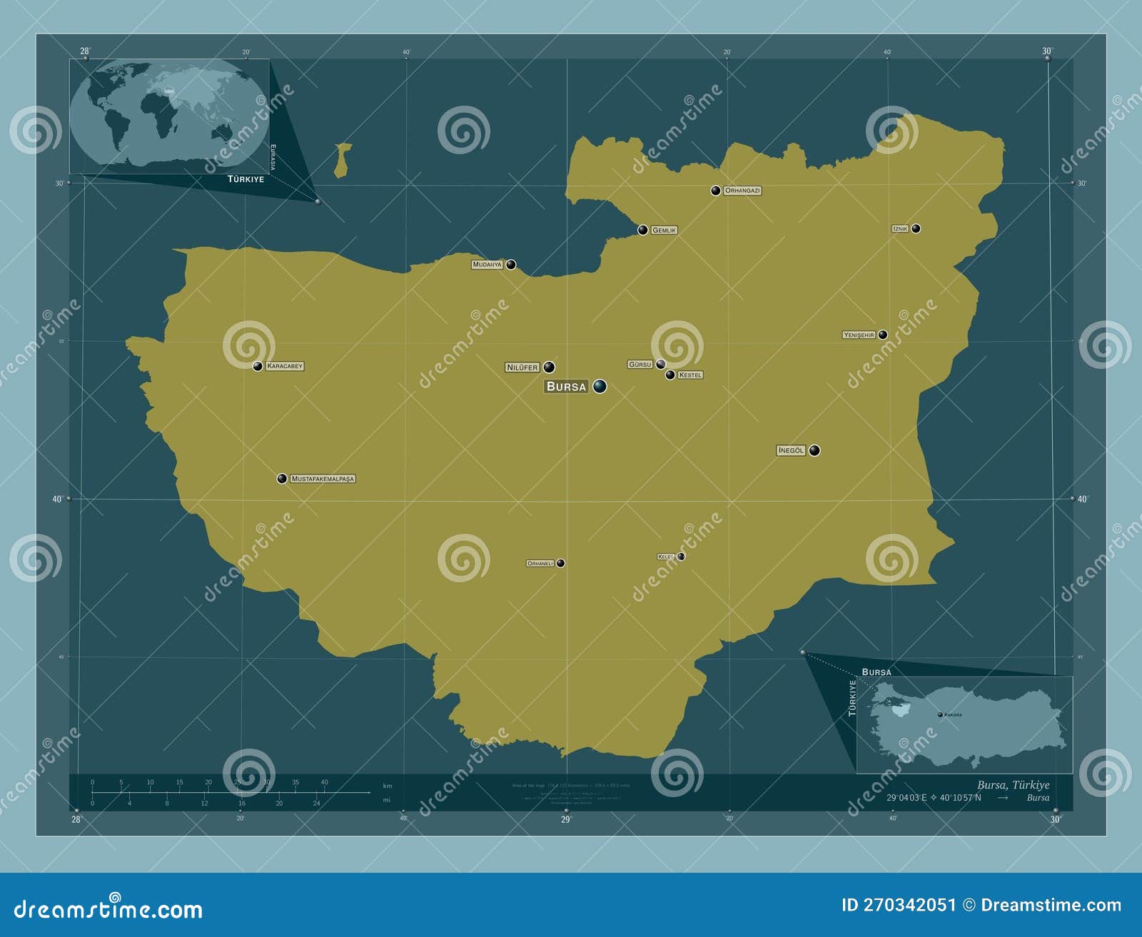 Bursa, Turkiye. Solid. Labelled Points of Cities Stock Illustration - Illustration of country ...