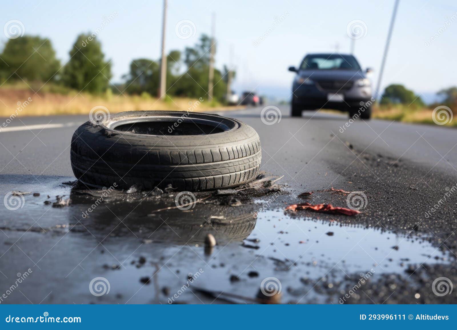 Burst and Flattened Tyre Post a High-speed Accident Stock Image - Image ...
