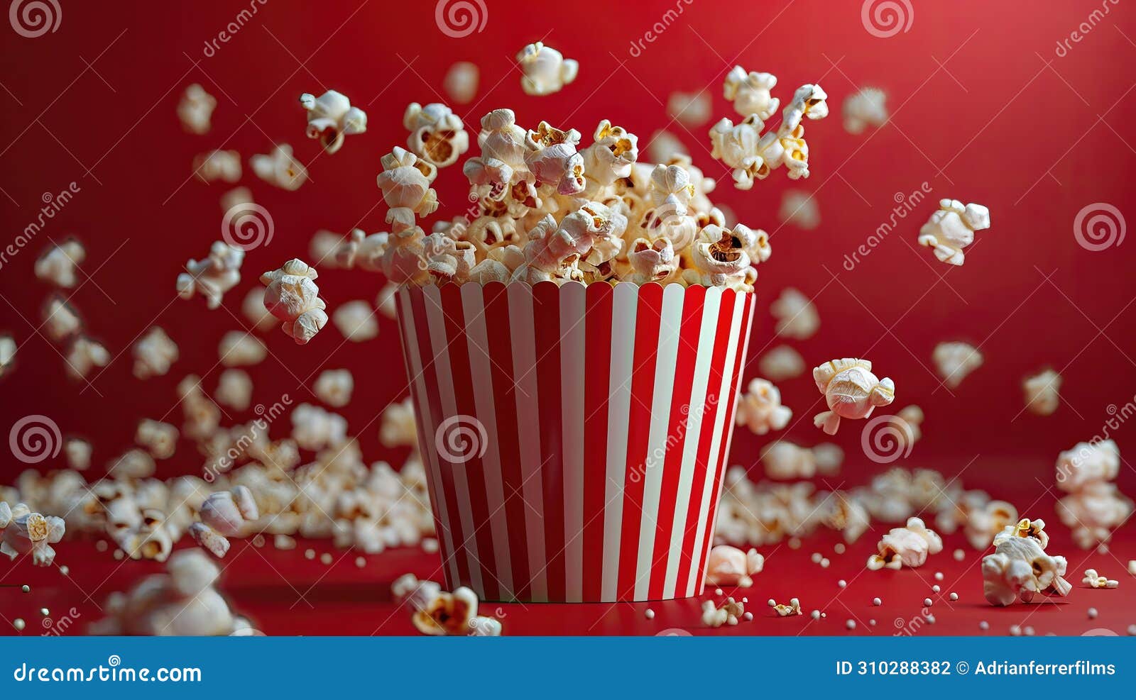 A Burst of Popcorn from a Classic Striped Container Against a Red ...