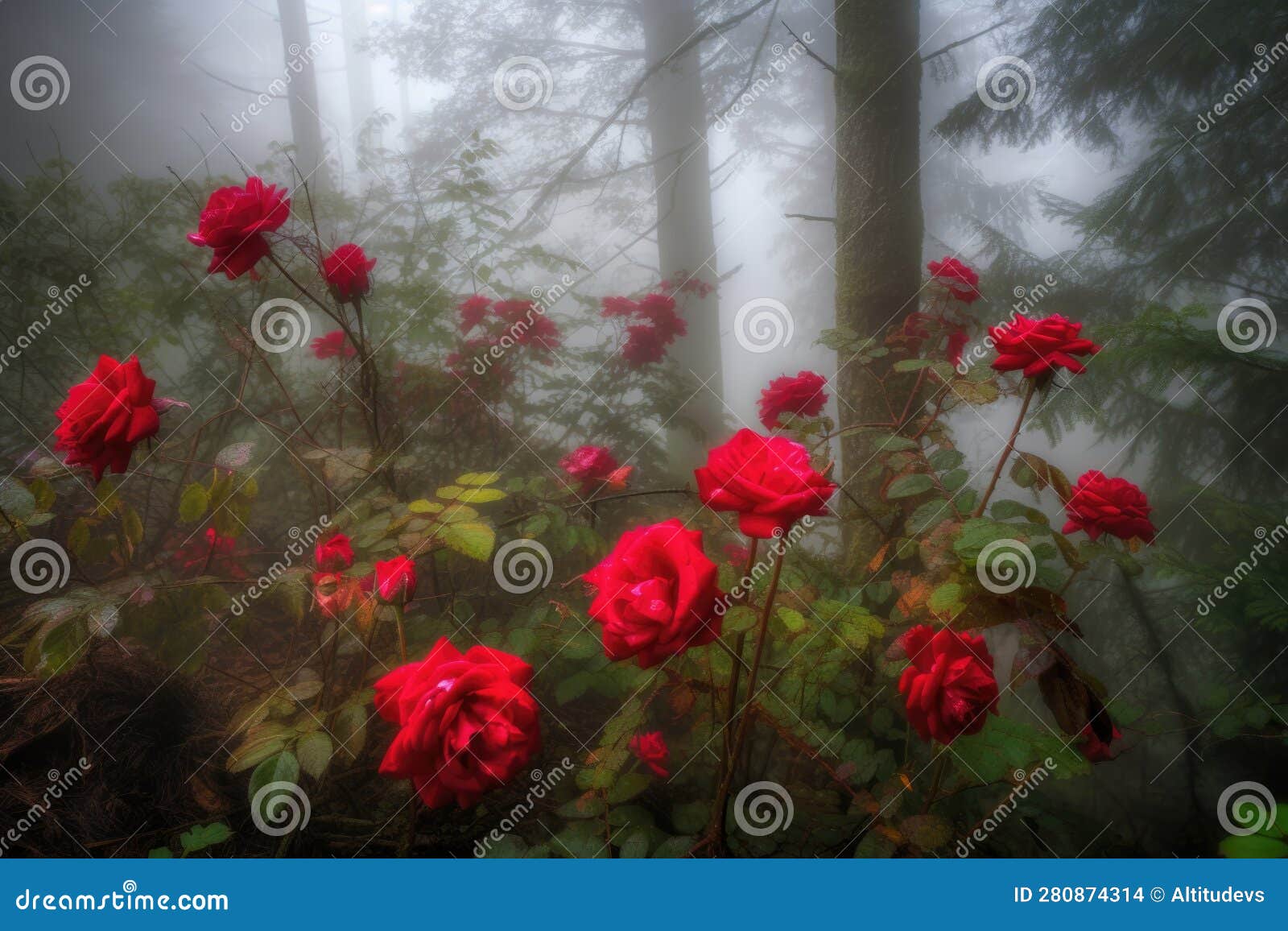 Burst of Red Roses in the Misty Forest Setting Stock Illustration ...