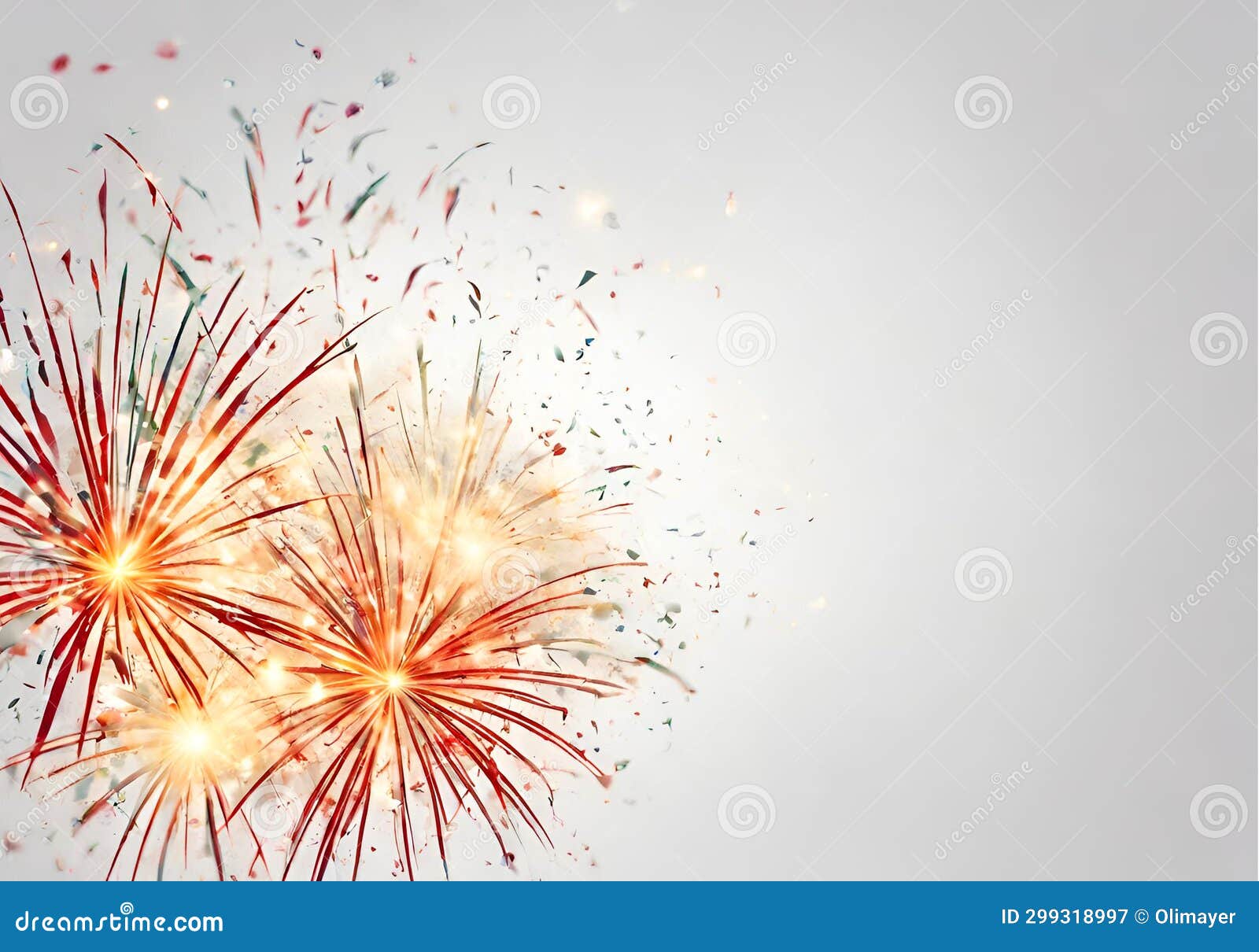 Illustration of Bright Fireworks on Light Copyspace Background. Stock ...