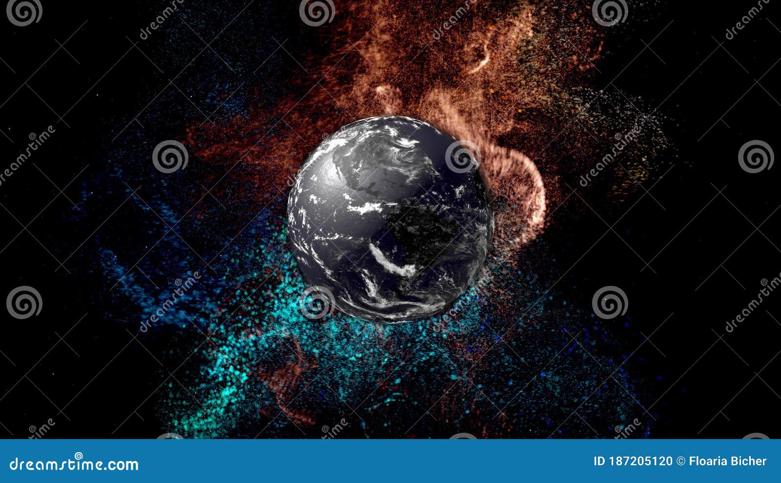 Bursts of Particles in Space Around 3d Render Cold Far Planet in ...