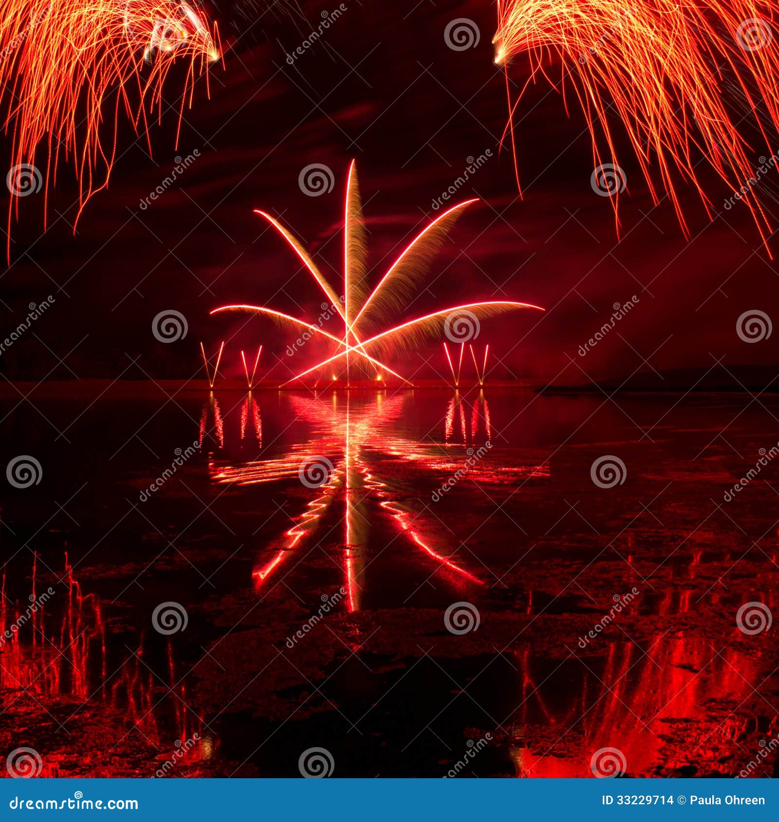 Bursts of Red Fireworks stock photo. Image of burst, lake - 33229714