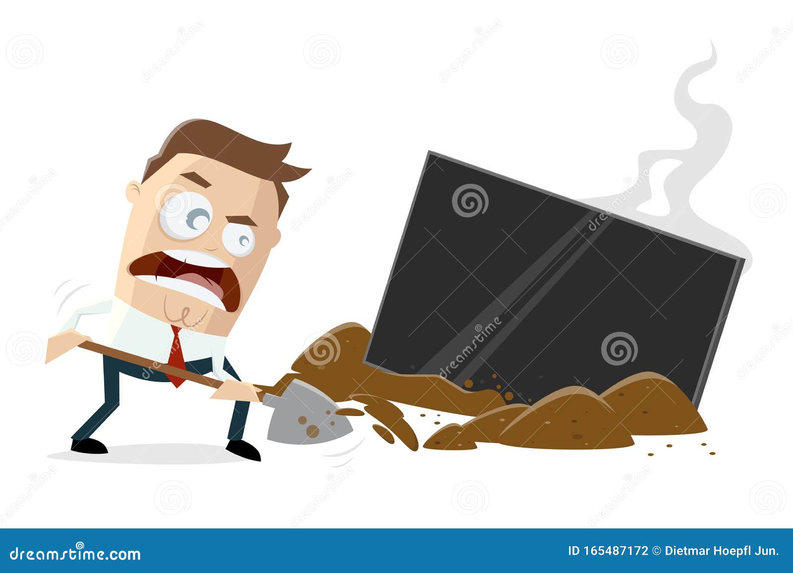 Funny Cartoon Illustration of a Man Burying His Broken Tv Stock Vector ...