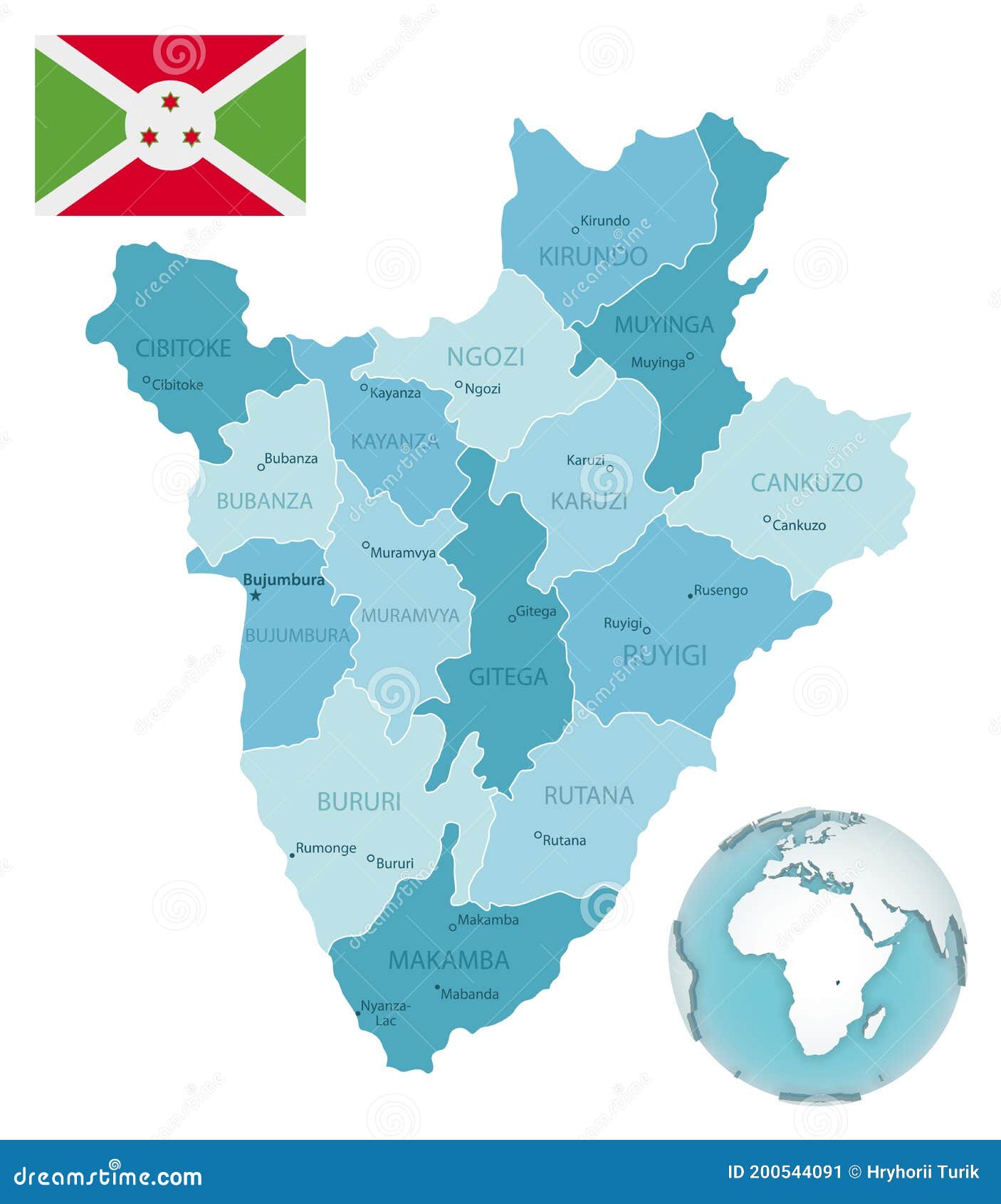 Burundi Administrative Blue Green Map With Country Flag And Location On