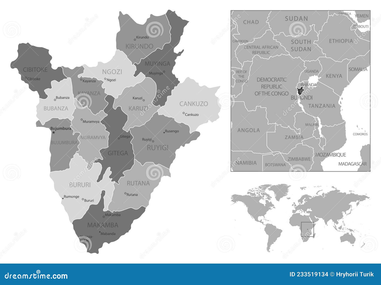 Burundi Highly Detailed Black And White Map Stock Vector