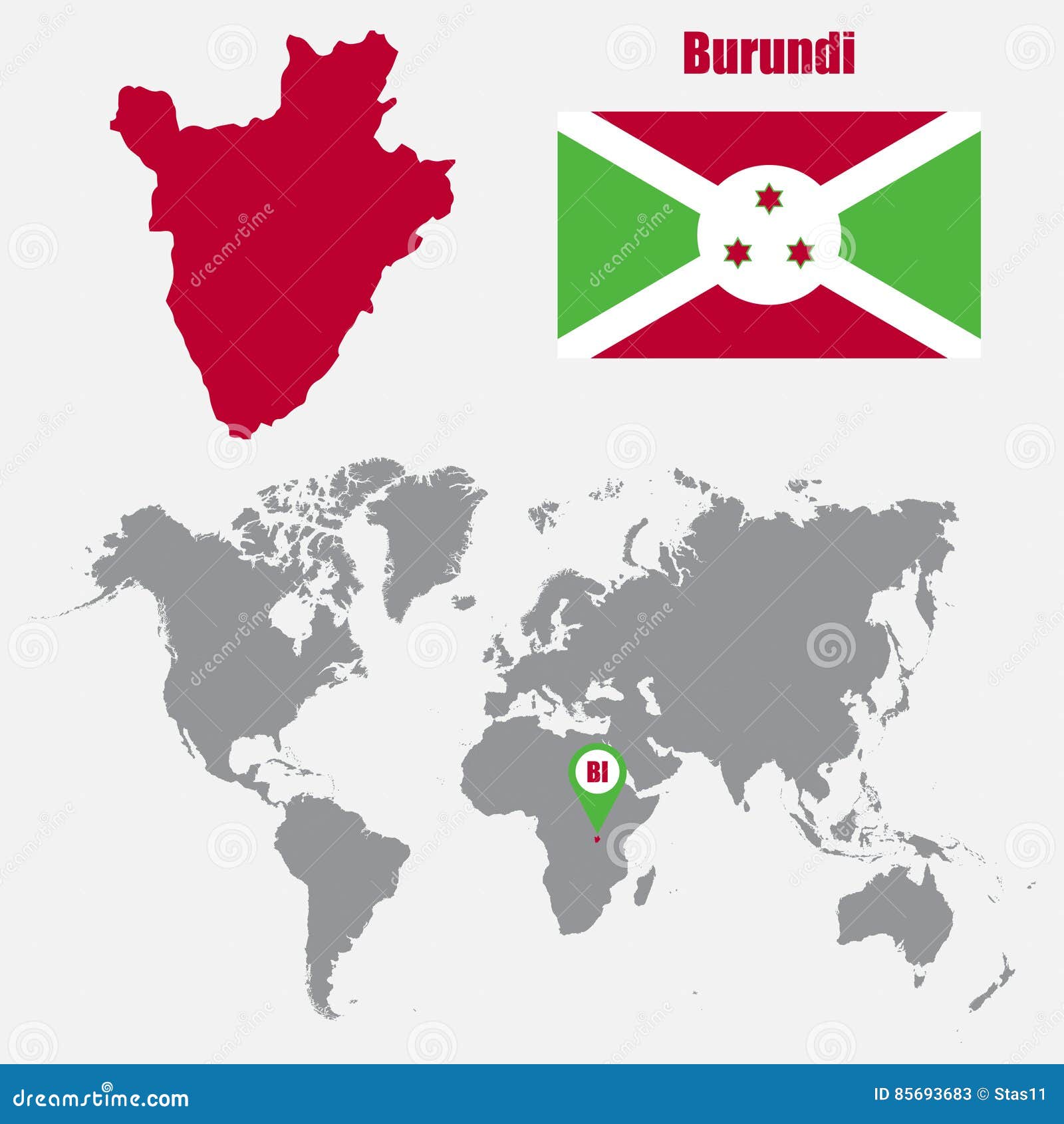 Burundi Map On A World Map With Flag And Map Pointer Vector