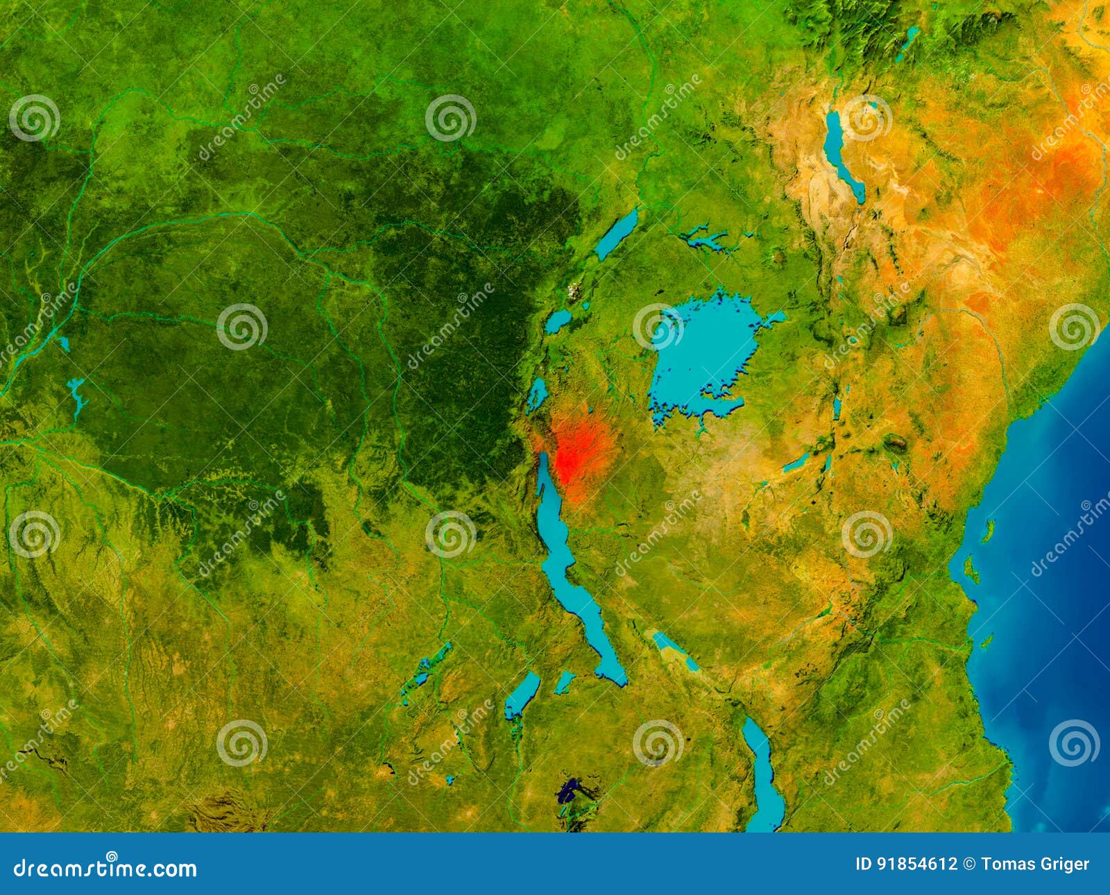 Burundi on physical map stock illustration. Illustration of focus ...