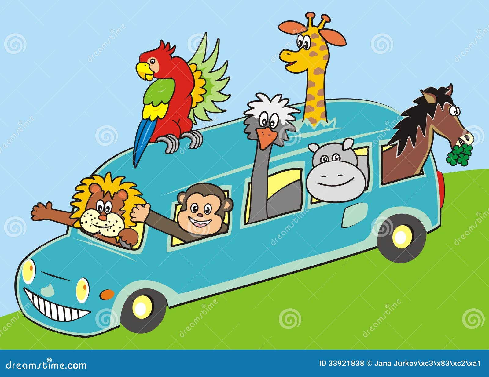 Bus and Animals, Fairy Tale Vector Illustration, Cartoon, Eps. Stock ...