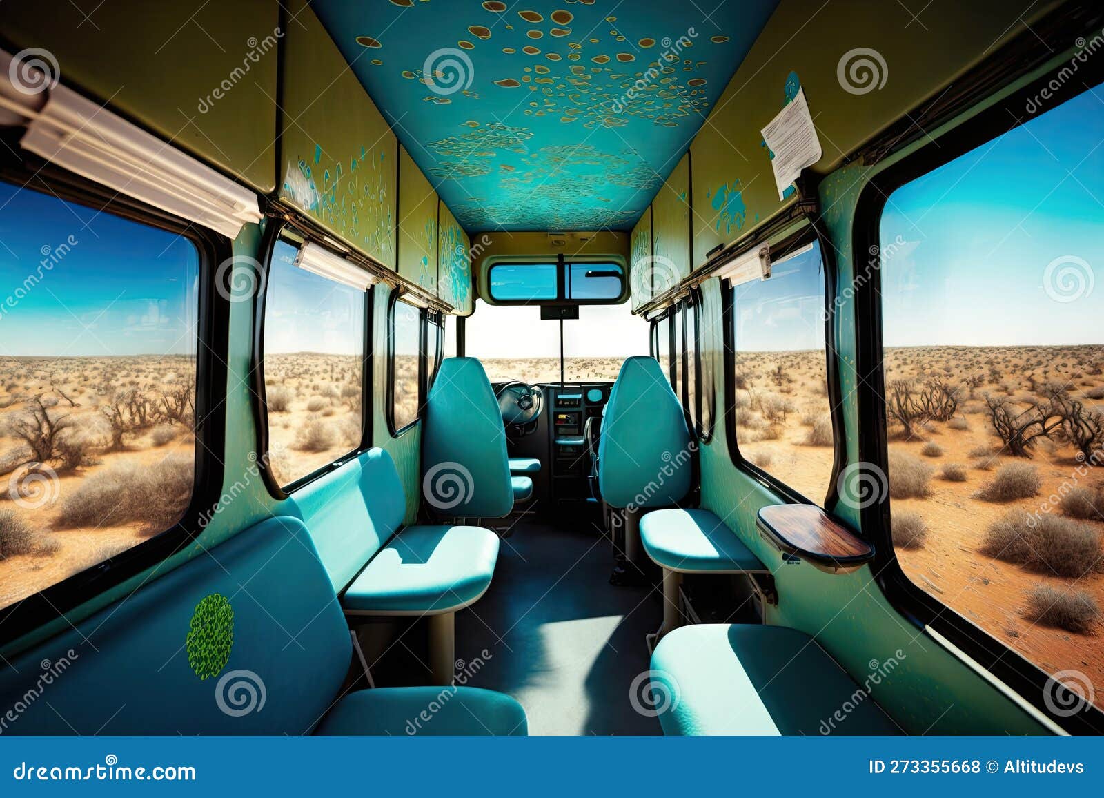 Bus Cabin, with View of the Open Road and Blue Sky Ahead, Populated by ...