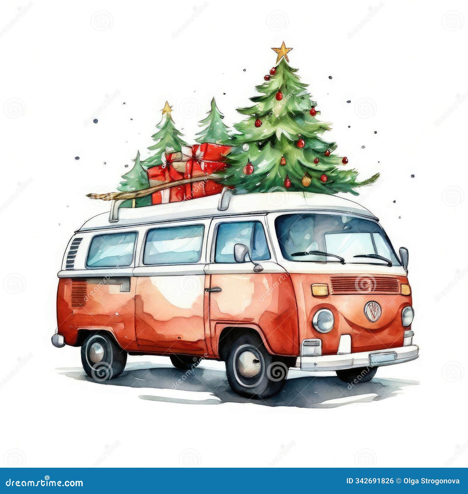Bus with a Christmas Tree. Watercolor Illustration Stock Photo - Image ...