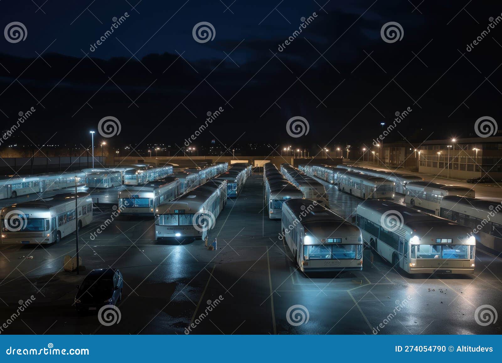 Bus Depot at Night, with Buses Lined Up and Their Lights Shining Stock ...