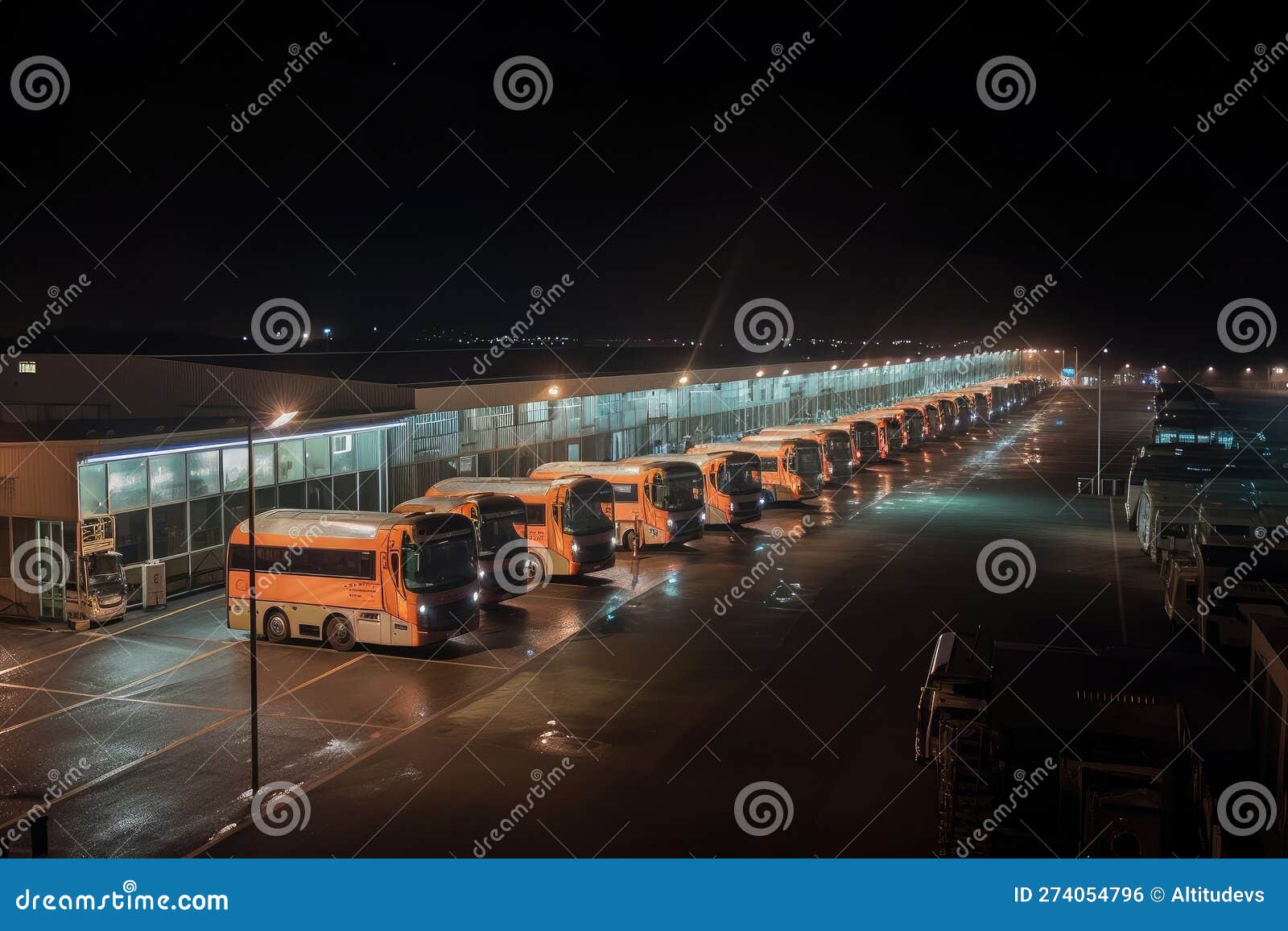 Bus Depot at Night, with Buses Lined Up and Their Lights Shining Stock ...