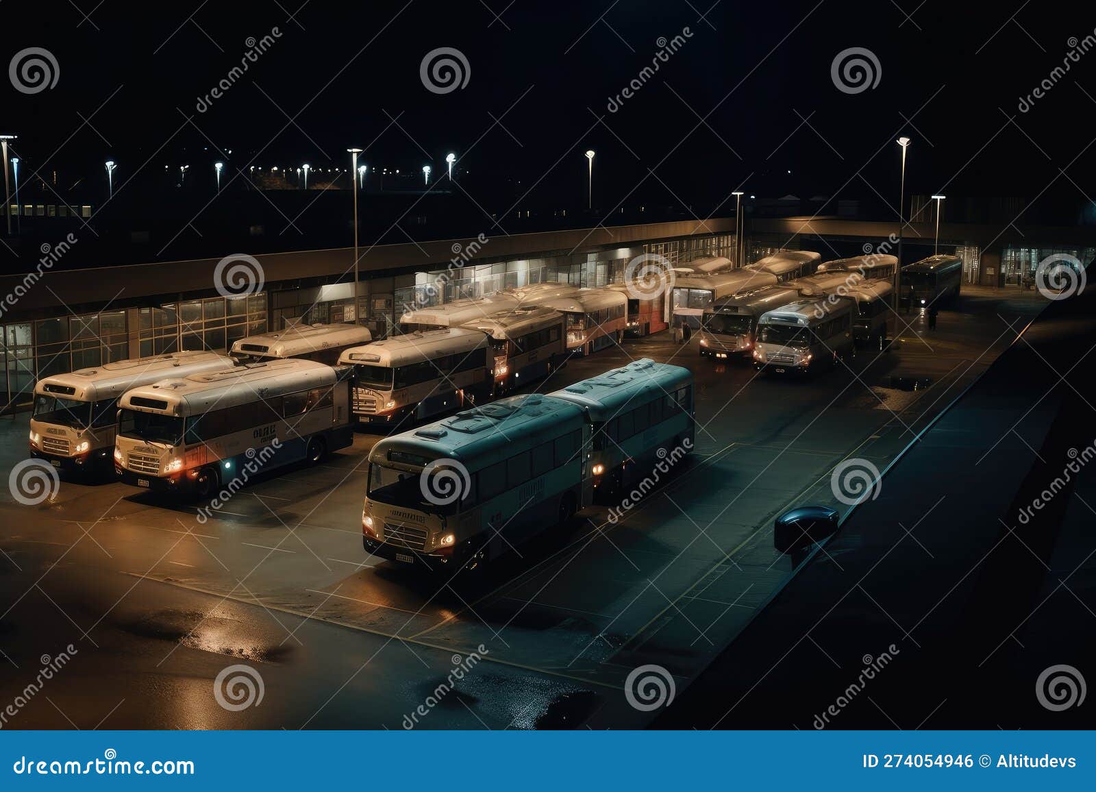 Bus Depot At Night, With Buses Parked In Rows And Their Headlights ...