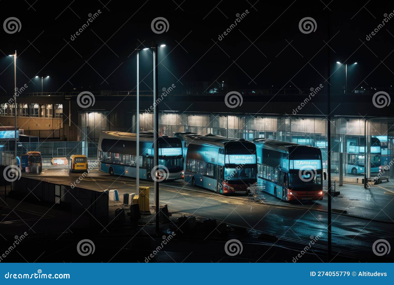 Bus Depot at Night, with the Lights of the Buses Illuminating the Scene ...