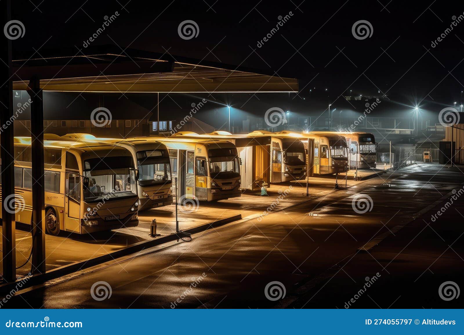 Bus Depot at Night, with the Lights of the Buses Illuminating the Scene ...