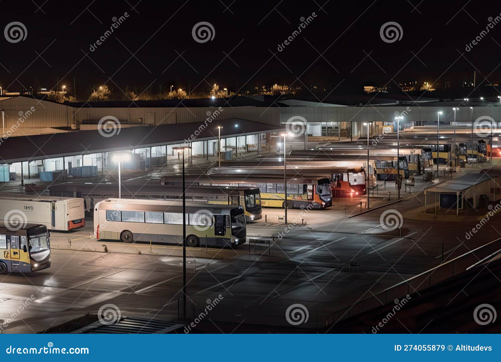 Bus Depot at Night, with the Lights on and Buses in Position for Their ...
