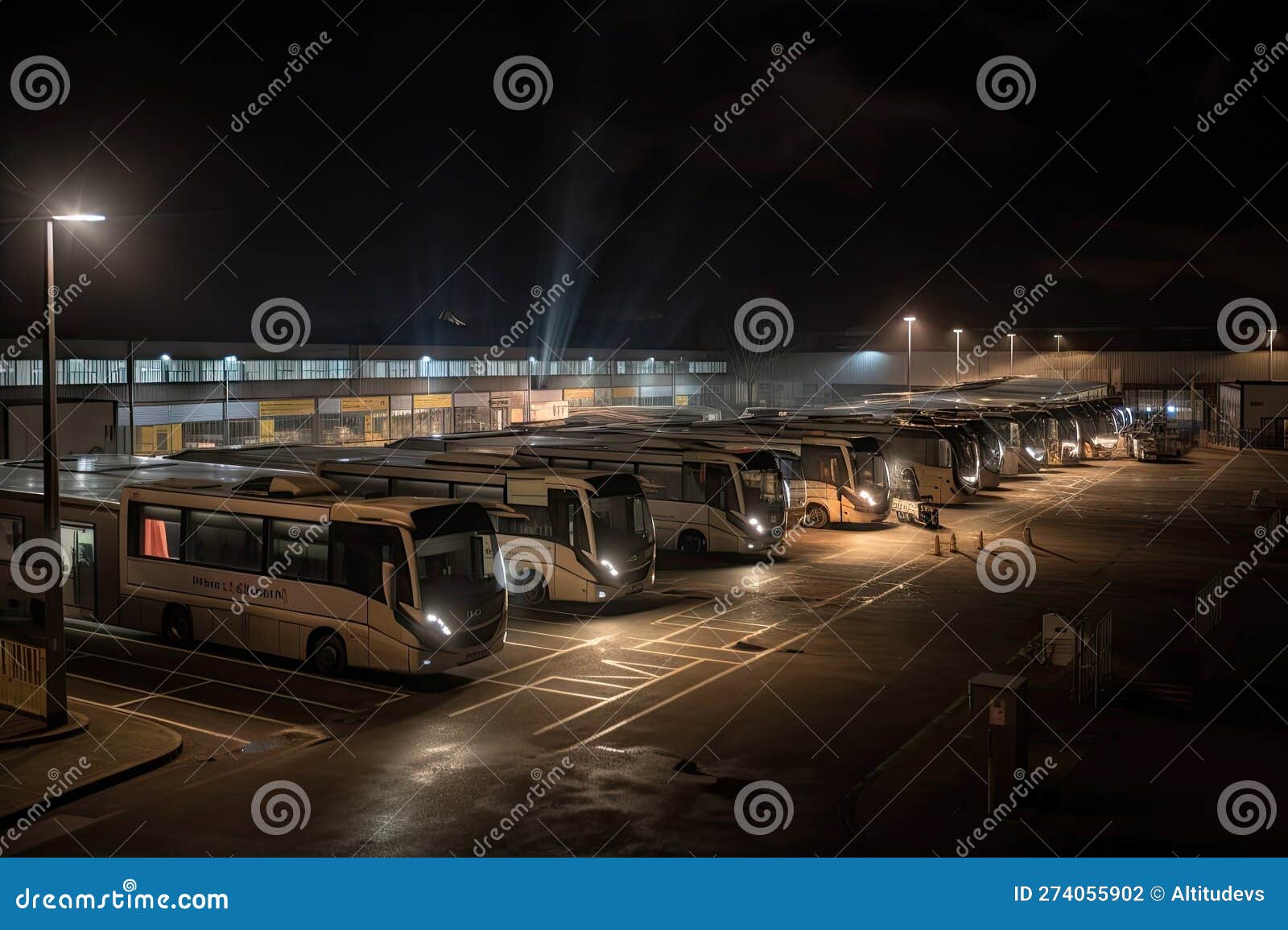 Bus Depot at Night, with the Lights on and Buses in Position for Their ...