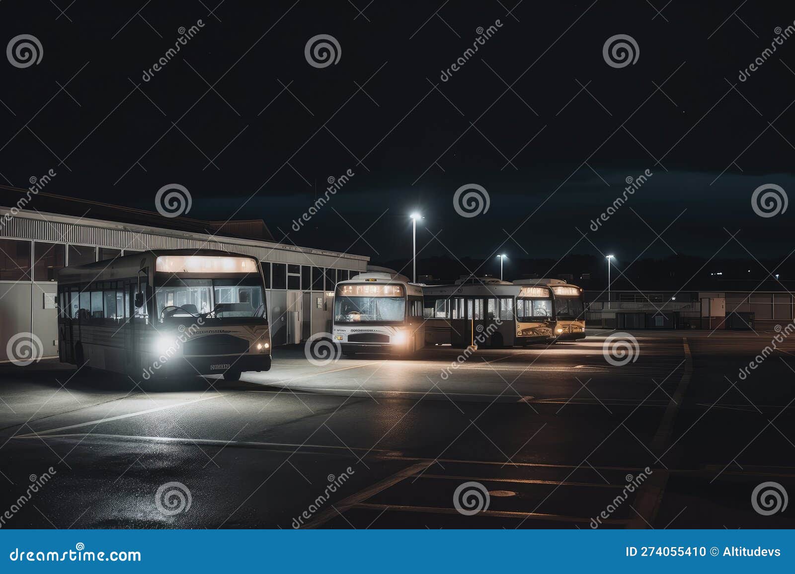 Bus Depot At Night, With Buses And Vehicles Parked In The Bays Royalty ...
