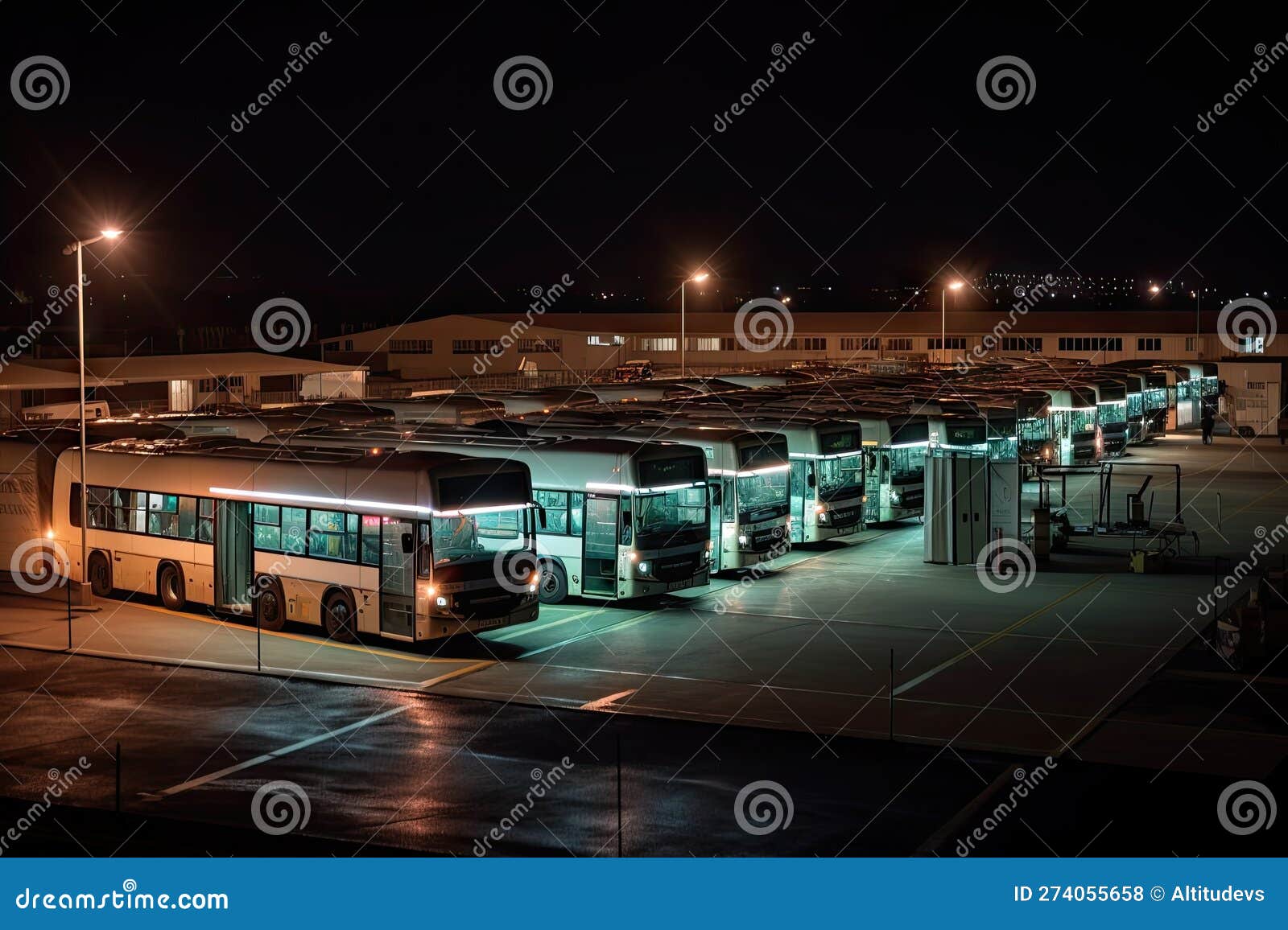 Bus Depot at Night, with the Lights Shining Brightly and Buses Parked ...