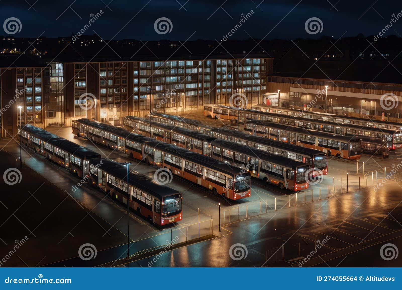Bus Depot at Night, with the Lights Shining Brightly and Buses Parked ...